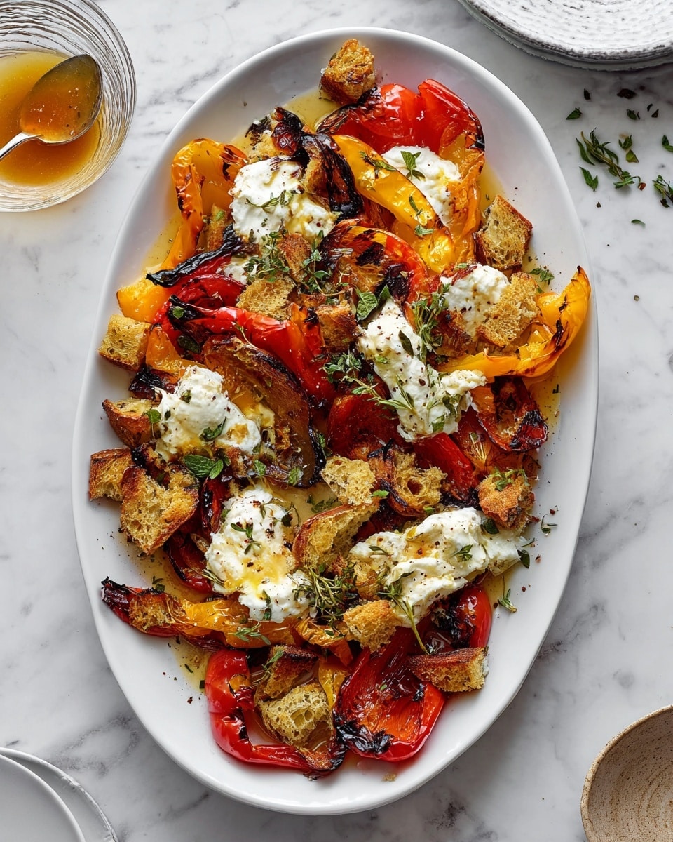 Grilled Marinated Peppers with Burrata and Sourdough Breadcrumbs
